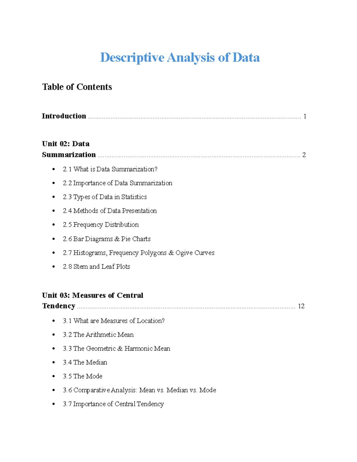 Descriptive Analysis of Data: Summary & Central Tendency Concepts - Studocu