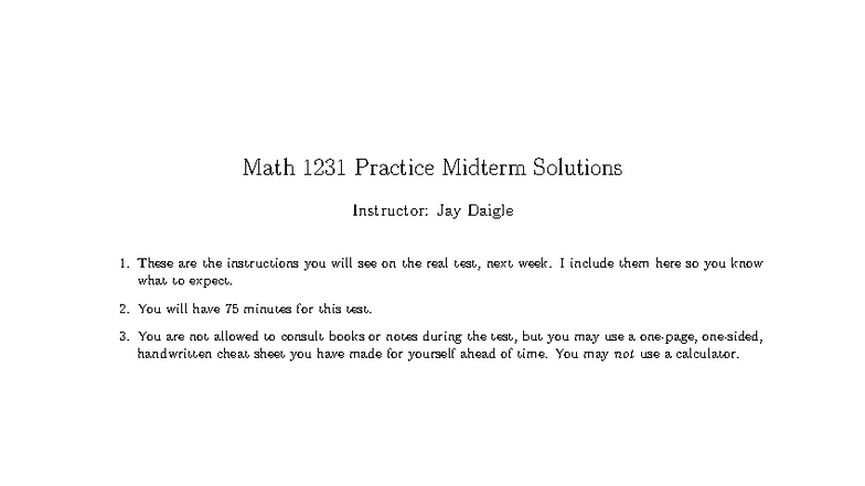 Math 1231 Practice Midterm Solutions by Jay Daigle - Studocu
