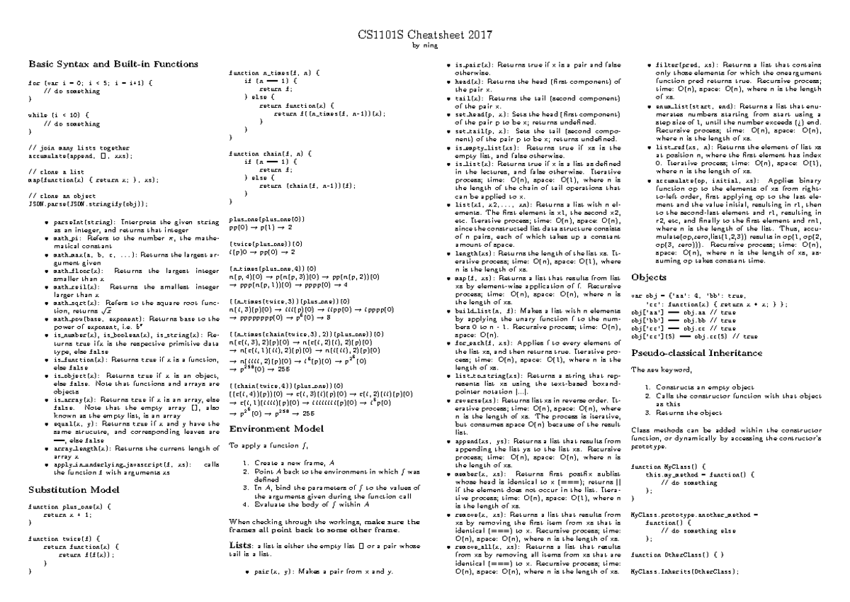 Cs1101s-cheatsheet - cheatsheet - CS1101S - NUS - Studocu