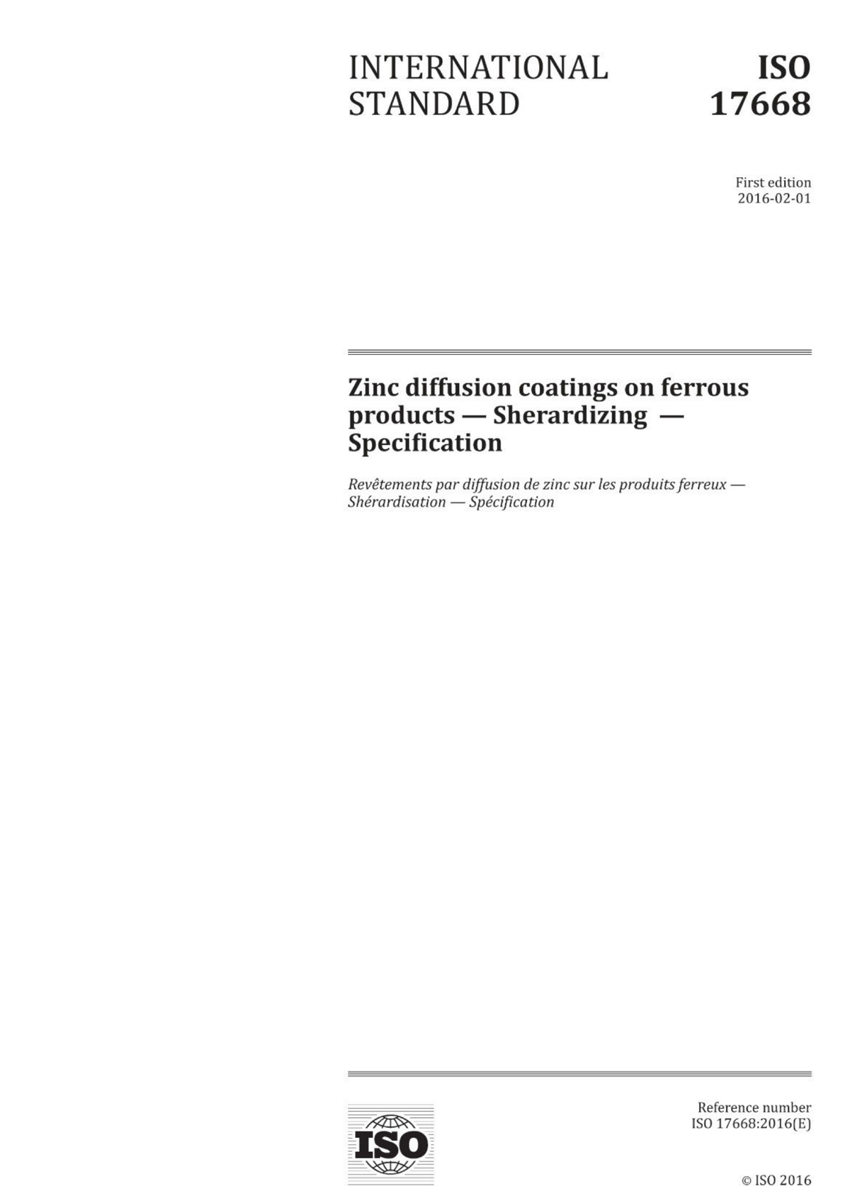 ISO 17668:2016 - Zinc Diffusion Coatings on Ferrous Products - Studocu