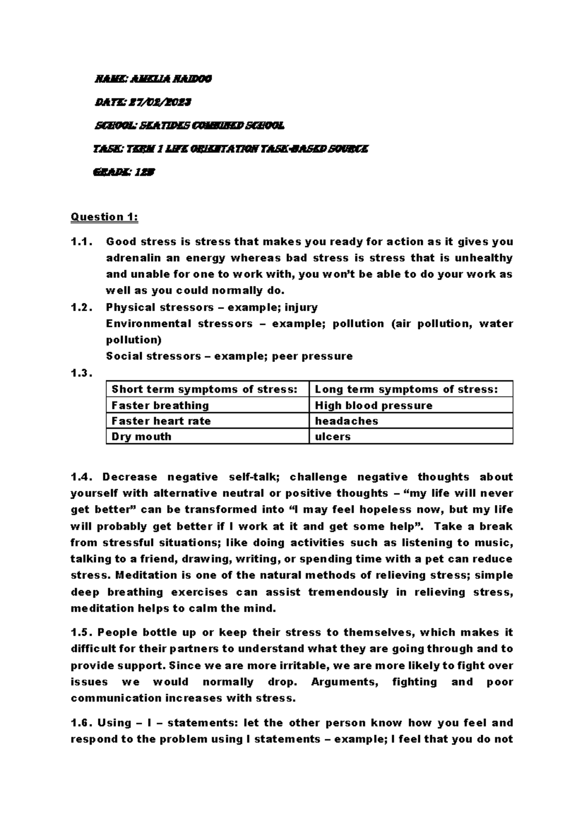 Life Orientation Grade 12 Term 1 Project: Understanding Stress and Change - Studocu