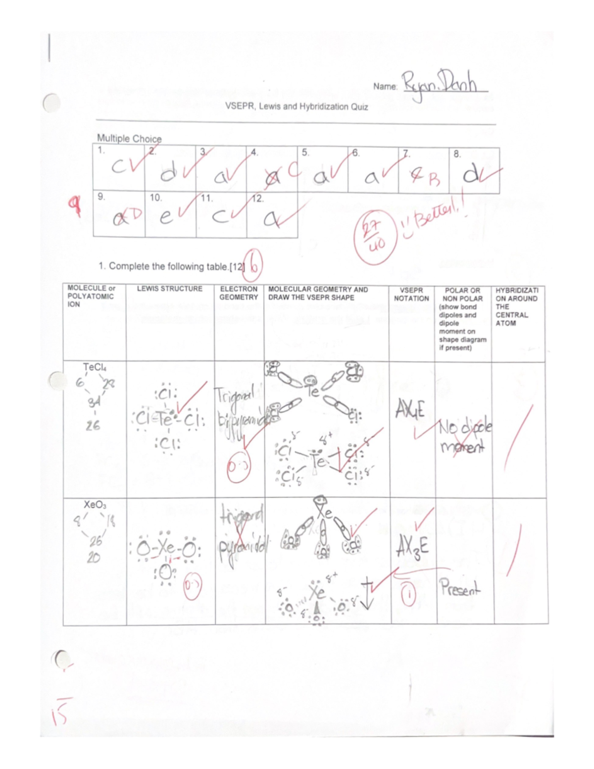 VSEPR, Lewis Structures & Hybridization Quiz Review - Studocu
