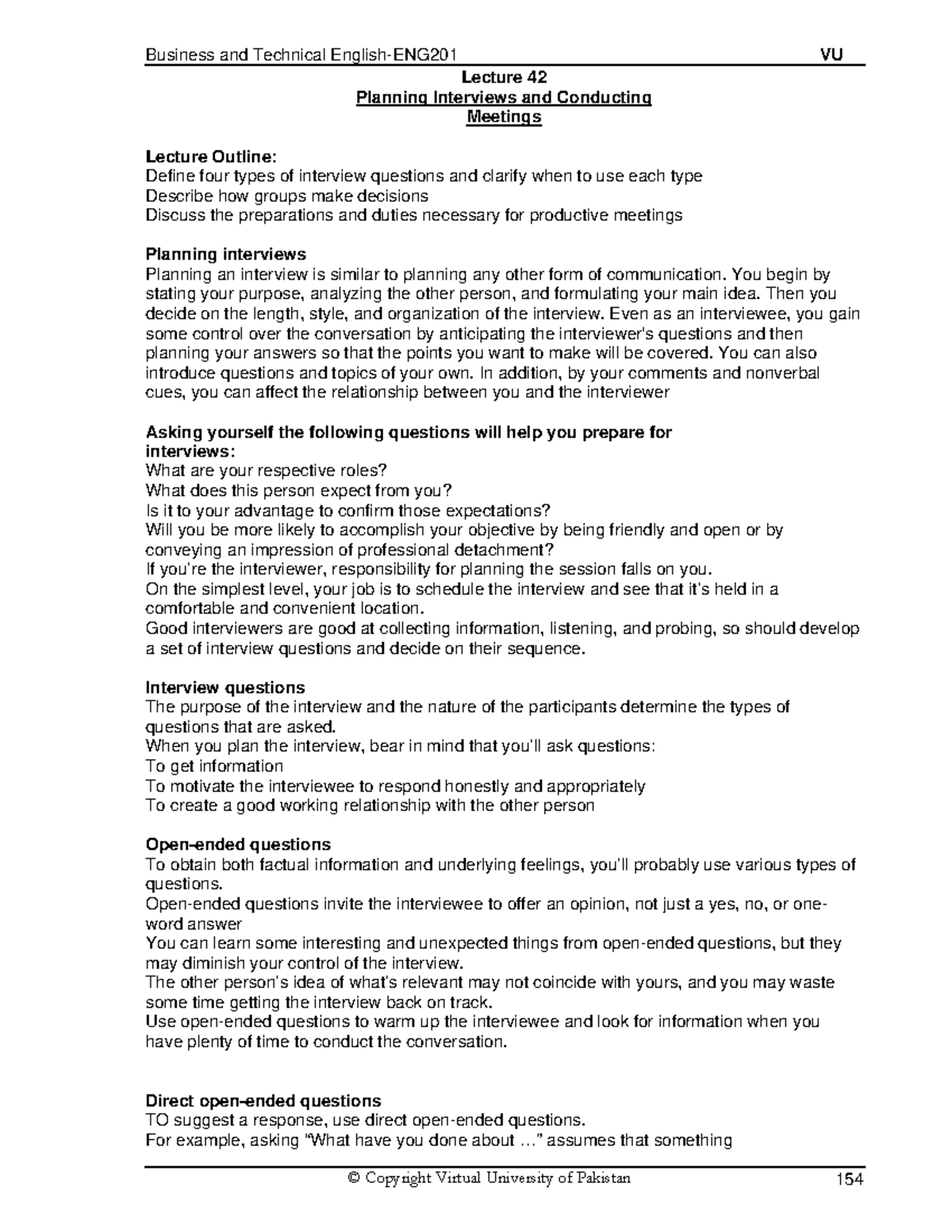 VU Business and Technical Lecture 42: Planning Interviews & Meetings ...
