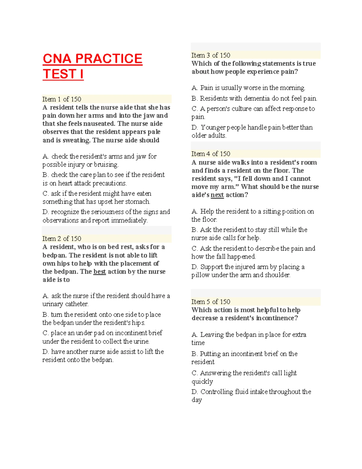 CNA Practice pdf 525+ Q&A - CNA PRACTICE TEST I Item 1 of 150 A ...