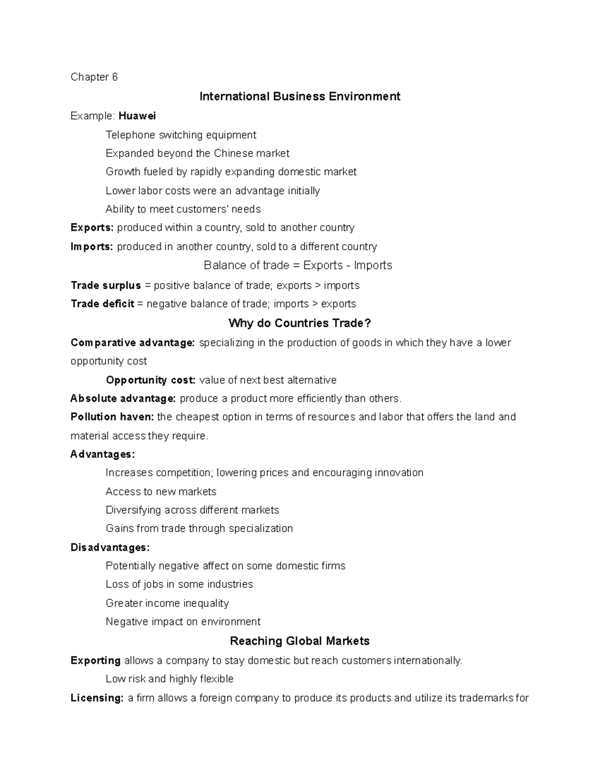 BUS 101 - Chapter 6 - Chapter 6 International Business Environment ...