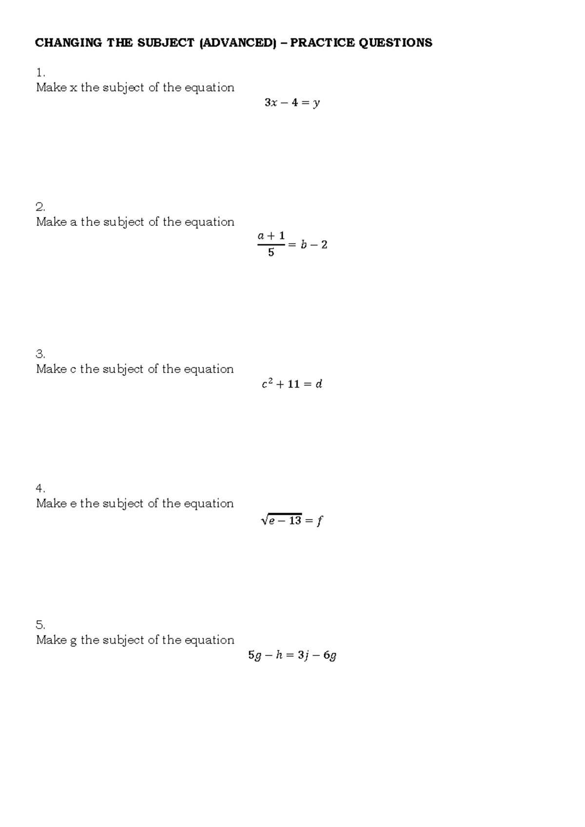 Algebra CHANGING THE SUBJECT (ADVANCED) PRACTICE QUESTIONS - Studocu