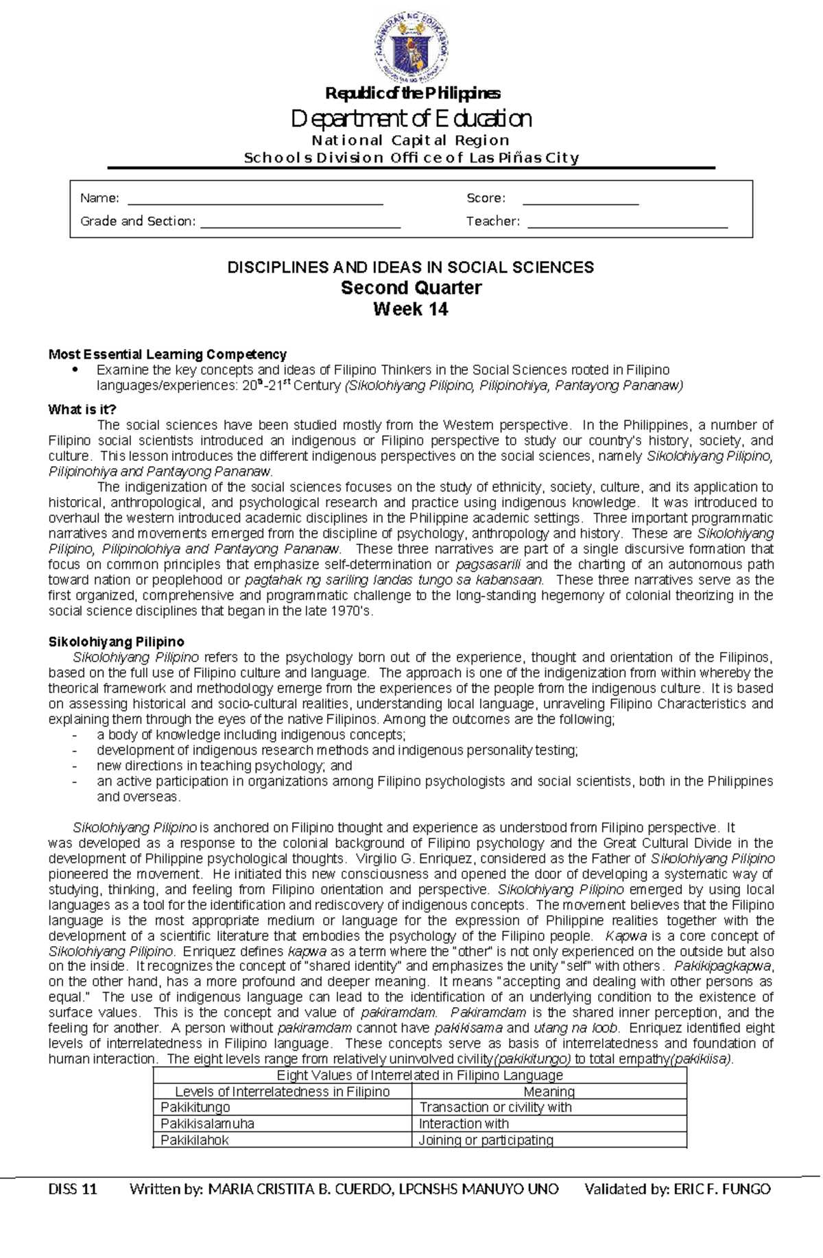 Grade 11 DISS Module: Indigenous Perspectives in Social Sciences - Studocu