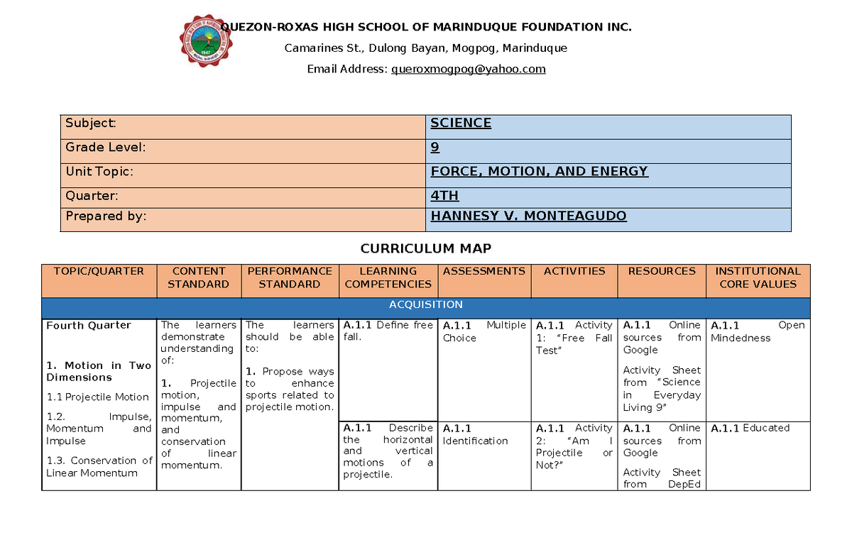 4TH QUARTER SCIENCE G9 CURRICULUM MAP: FORCE, MOTION & ENERGY - Studocu