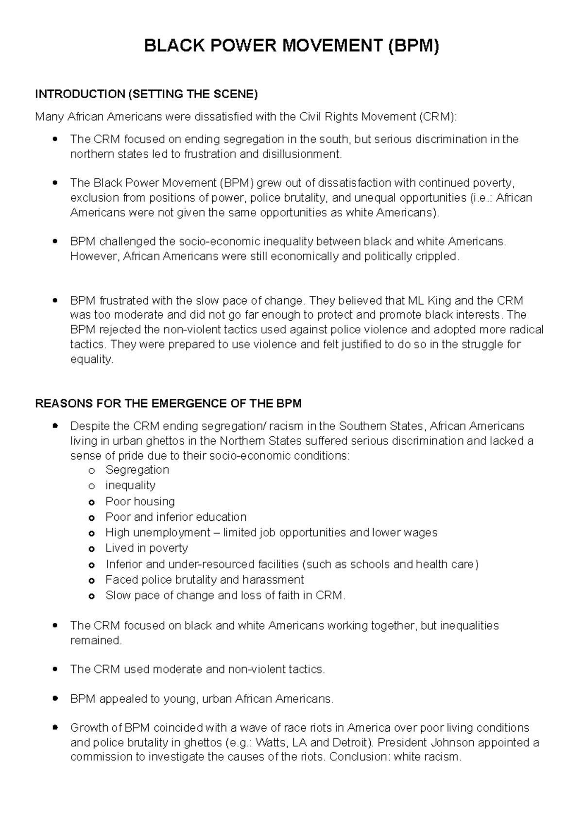 Black Power Movement (BPM) Essay Notes: Final Overview - Studocu