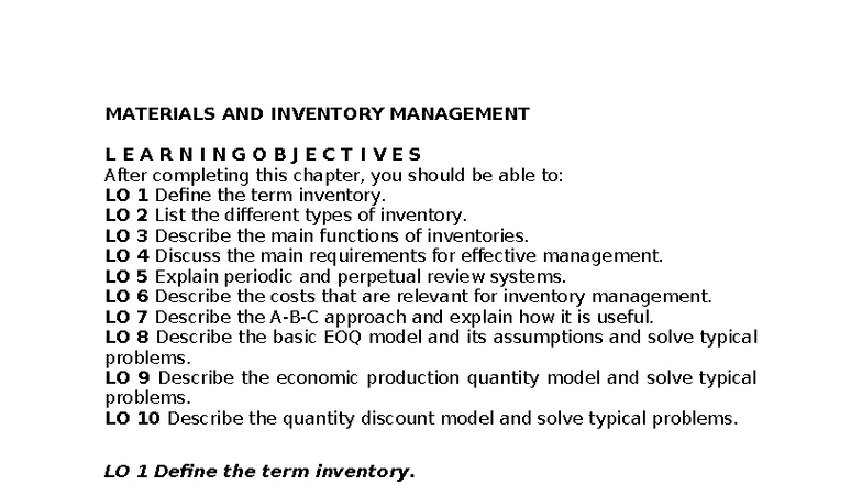 Materials and Inventory Management: Learning Objectives and Key ...