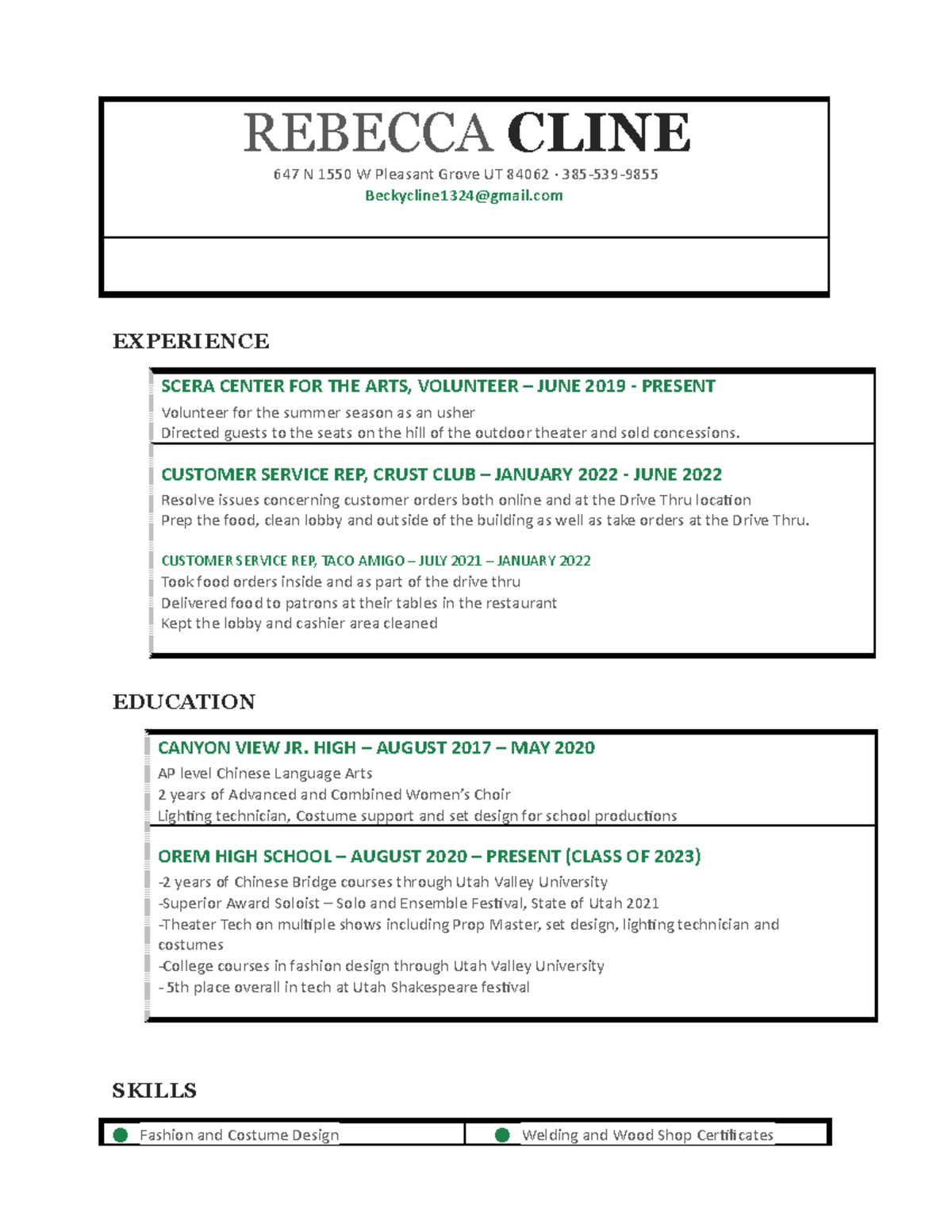 Rebecca Cline - Resume 4 - REBECCA CLINE 647 N 1550 W Pleasant Grove UT ...