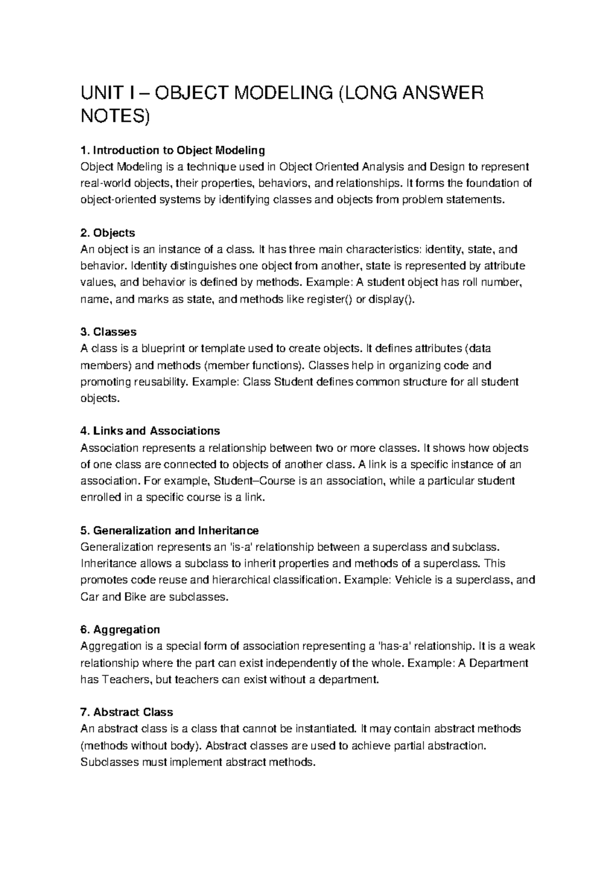 UNIT I Object Modeling Long Answer Notes - Studocu