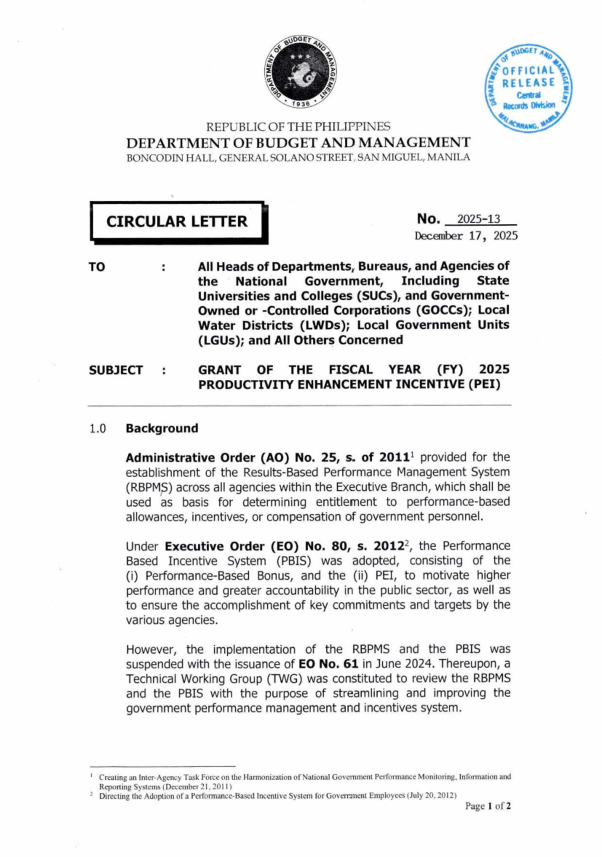 Circular Letter No. 2025-01: Grant of FY 2025 PEI for Gov't Employees ...
