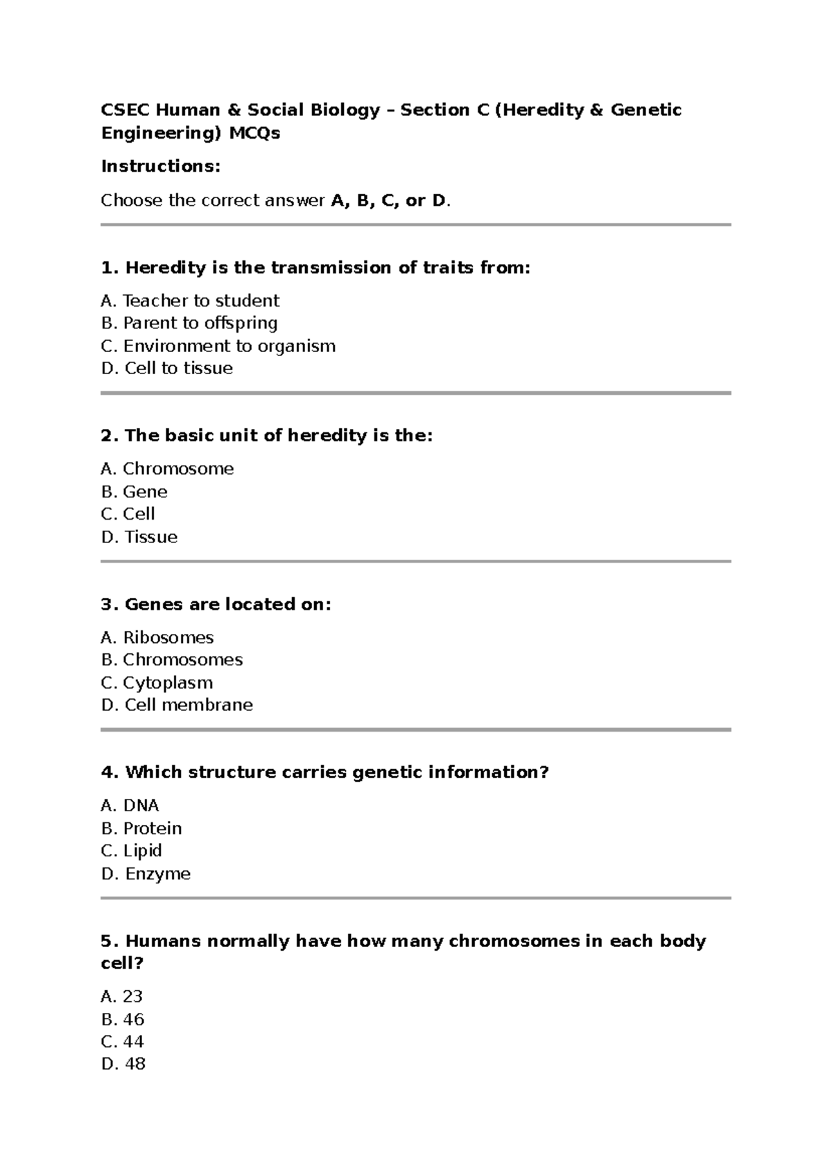 CSEC Human Social Biology Section C: Heredity & Genetic Engineering ...