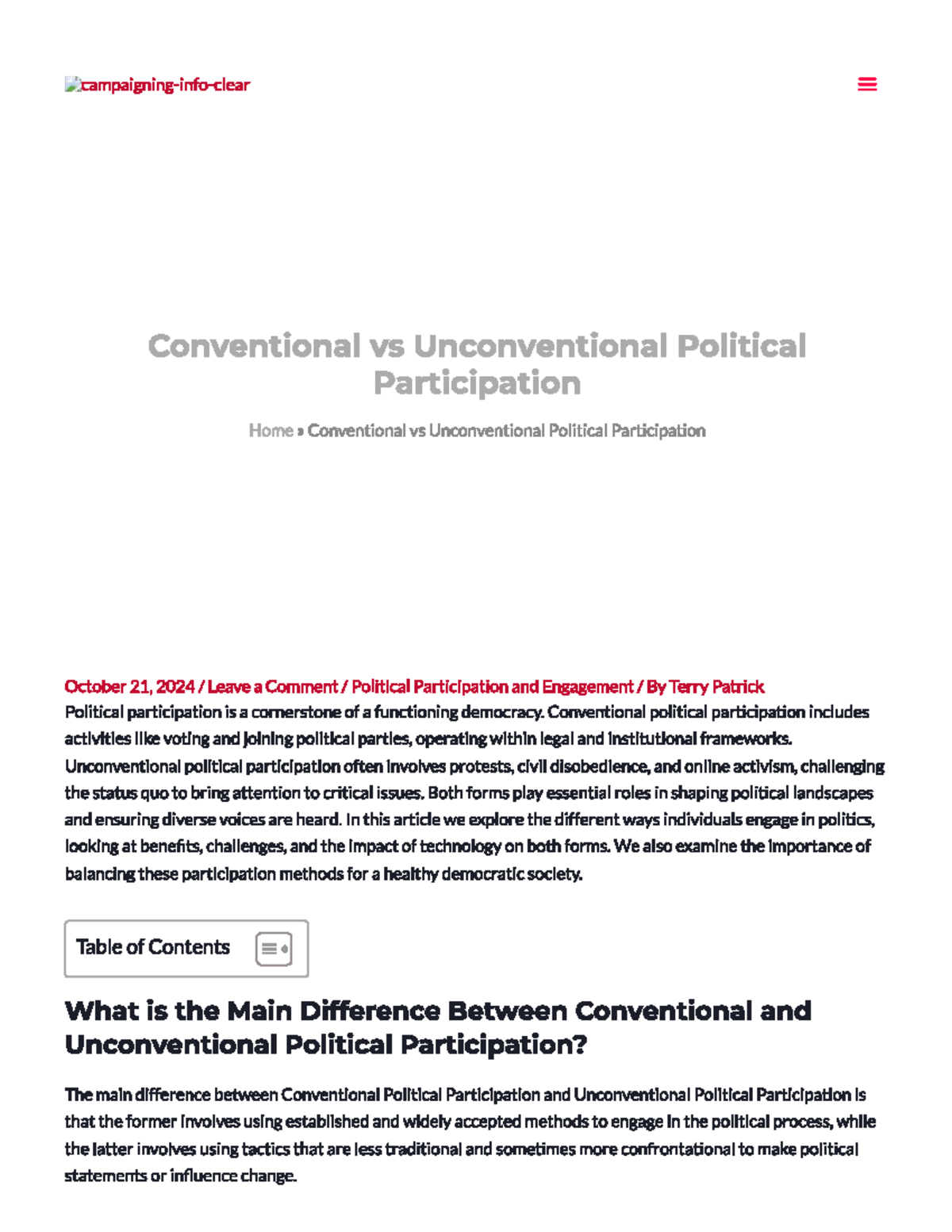 PLC2601 Conventional vs Unconventional Political Participation Overview ...