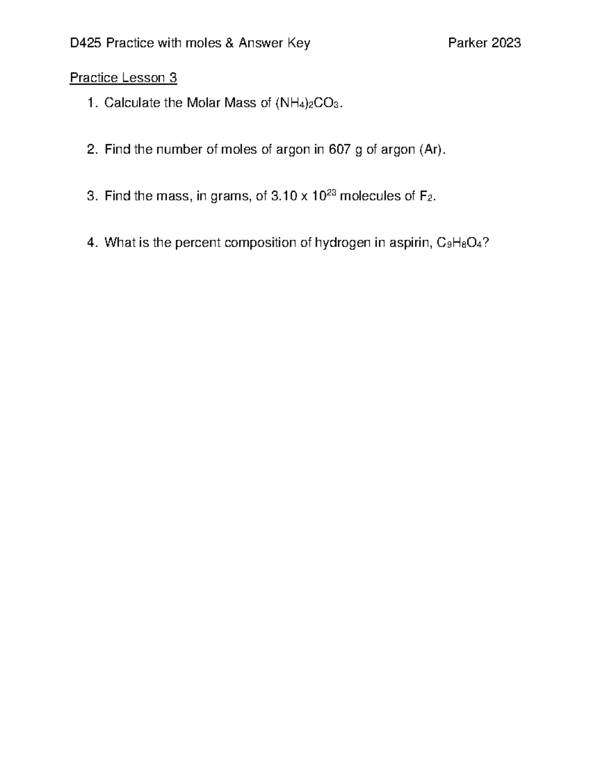 Practice Lesson 3 Moles and Answer Key - d224 - D425 Practice with ...