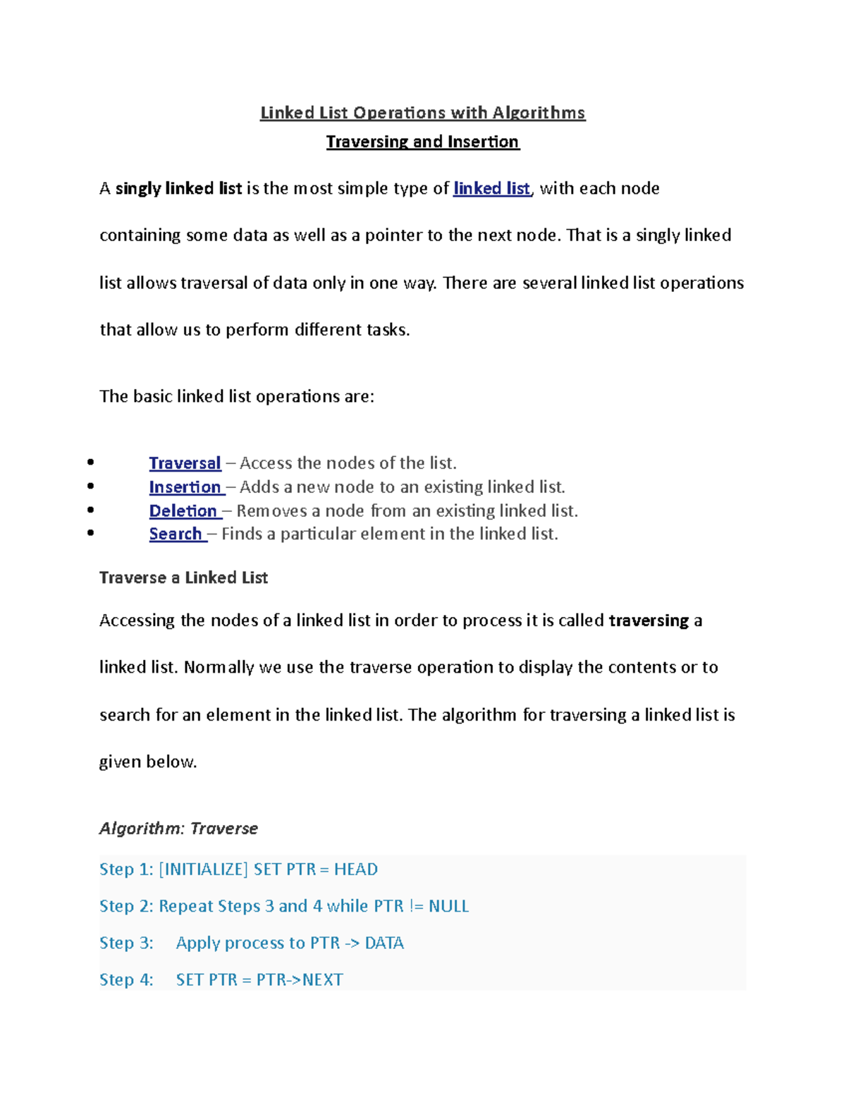 Linked List Operations (CS101): Traversing, Insertion, and Algorithms - Studocu