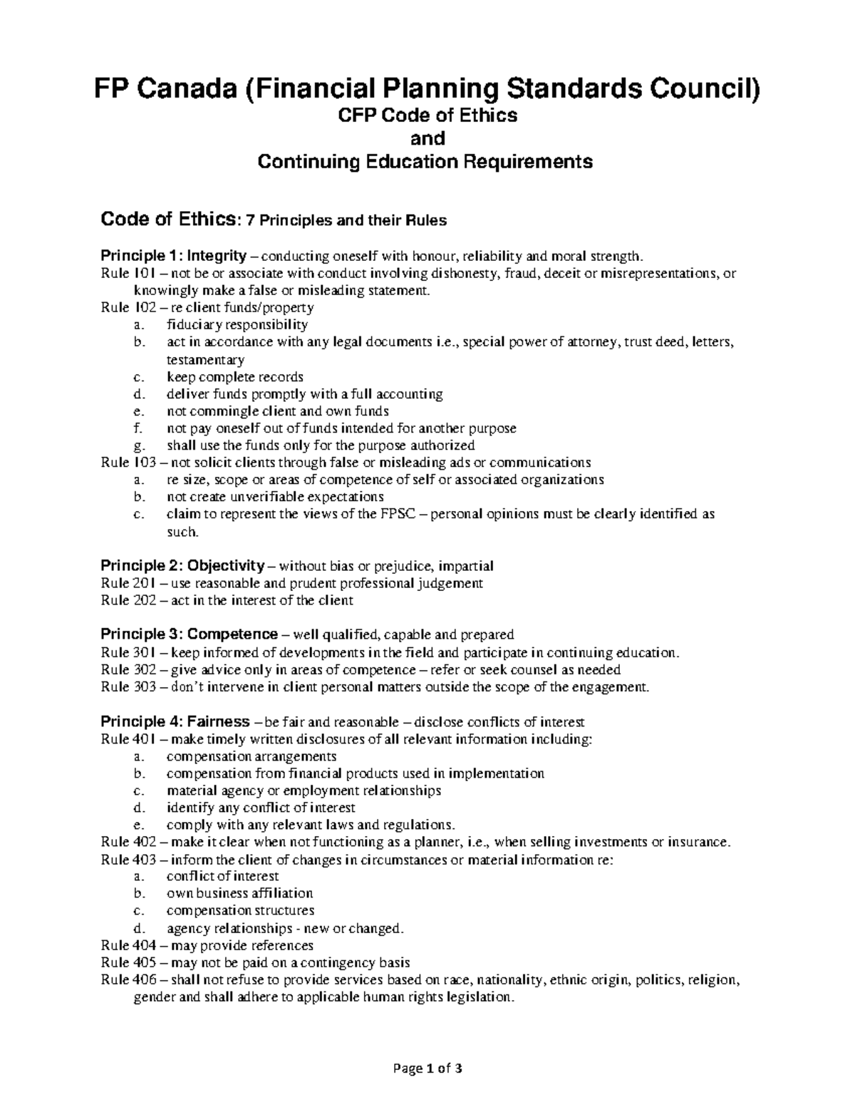 FP Canada CFP Code of Ethics: 7 Principles & Rules Overview - Studocu