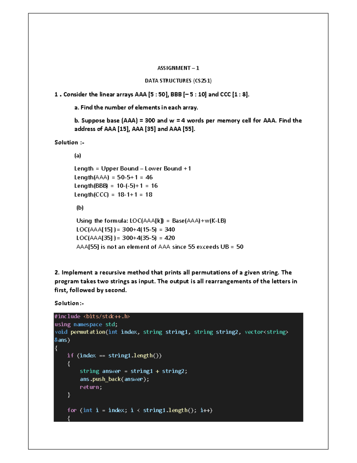 DS(MCE) Assignment 1 Solutions - ASSIGNMENT – 1 DATA STRUCTURES (CS251) 1. Consider the linear ...
