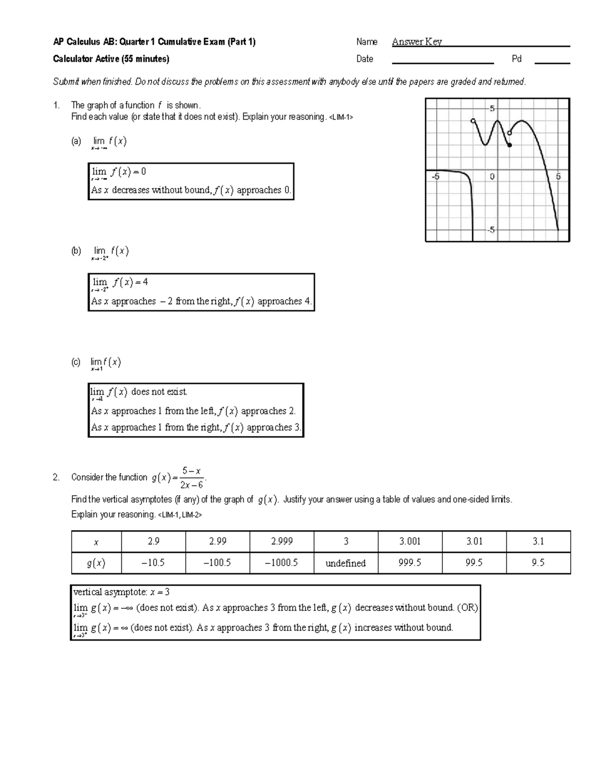 AP Calculus AB: Quarter 1 Cumulative Exam Part 1 Answer Key - Studocu
