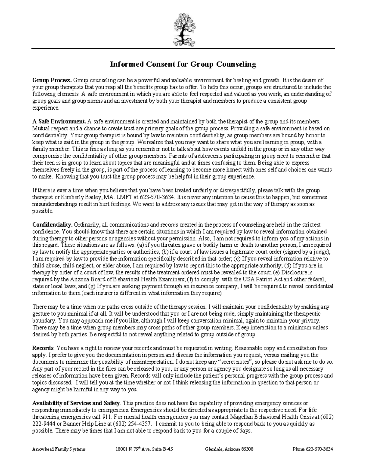 Informed Consent for Group Counseling: Confidentiality & Safety - Studocu