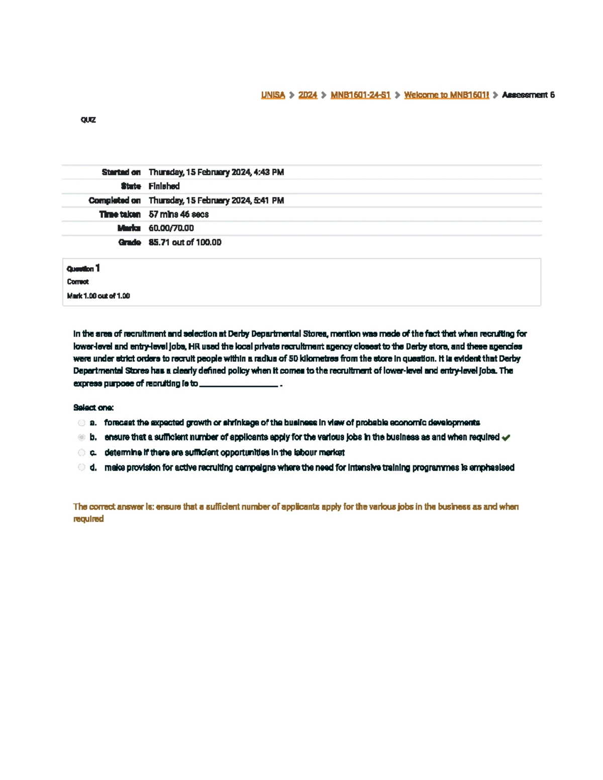 MNB1601 Assessment 4 Attempt review 1 - MNB1601-23-S2 Welcome to MNB1601 Assessment 4 Started on ...