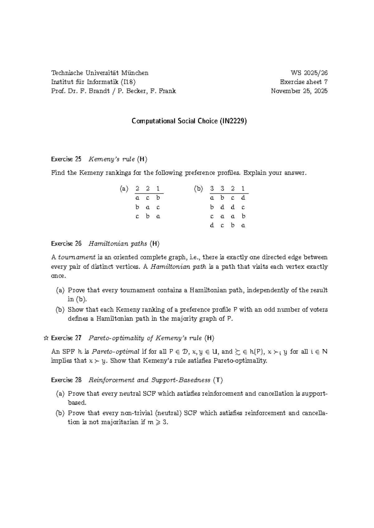 CSC I18 Exercise Sheet 7: Kemeny Rankings & Hamiltonian Paths - Studocu