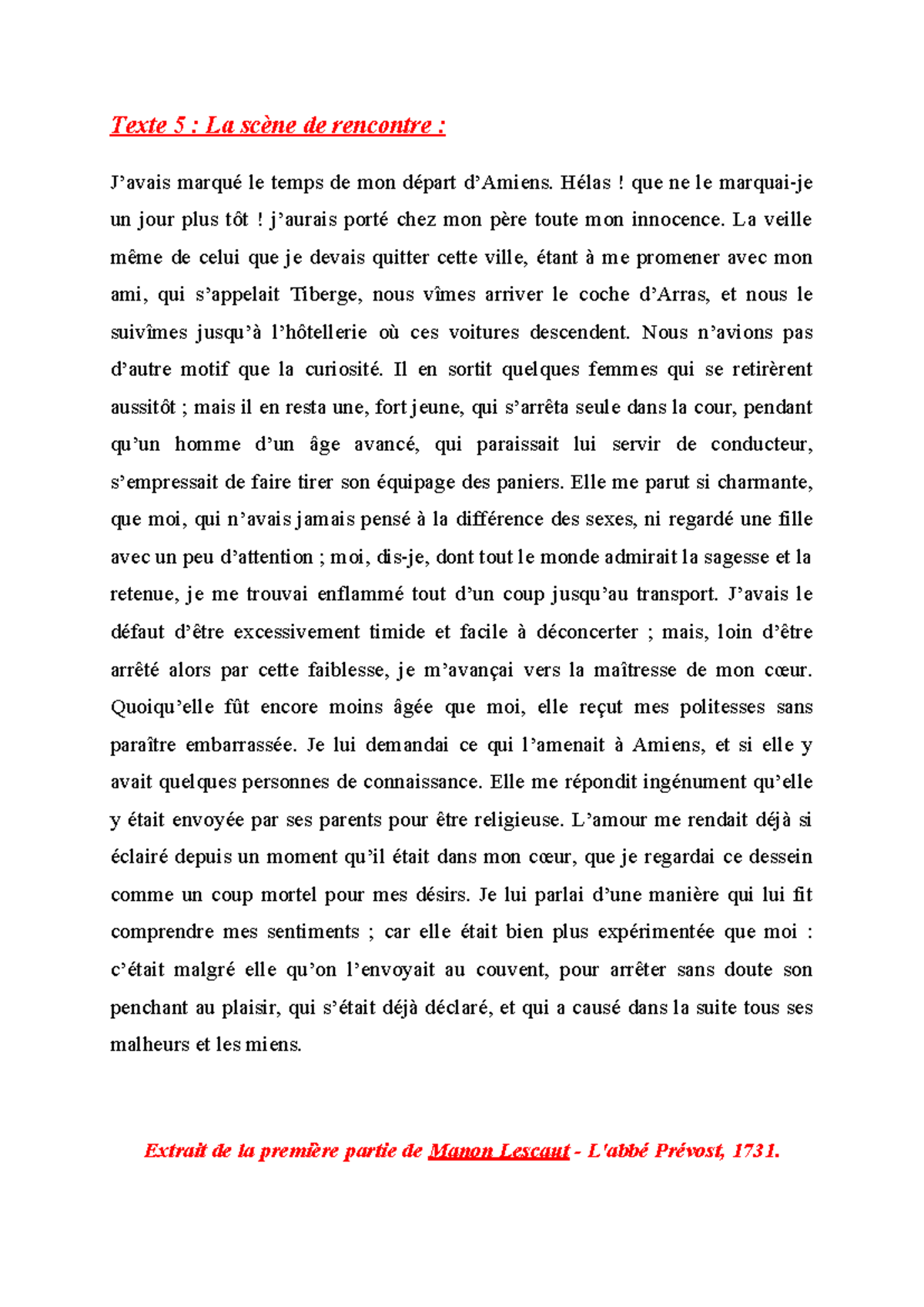 Texte 1 : Extrait de Manon Lescaut - Scène de Rencontre - Studocu