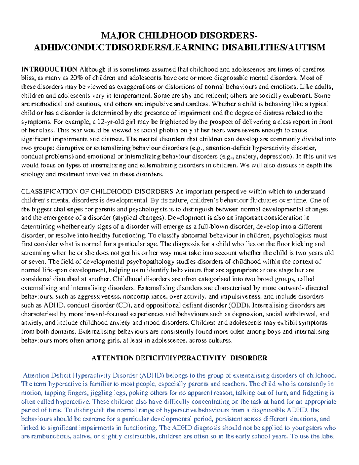 Major Childhood Disorders: ADHD, Conduct Disorders, Learning ...
