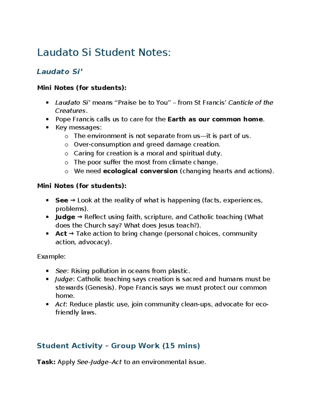 Laudato Si Student Notes: Key Messages & Actions for Eco Stewardship ...