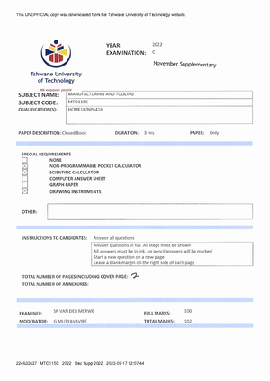 N6 Strength of Materials and Structures - Lecturer Resource Guide 2023 - Studocu