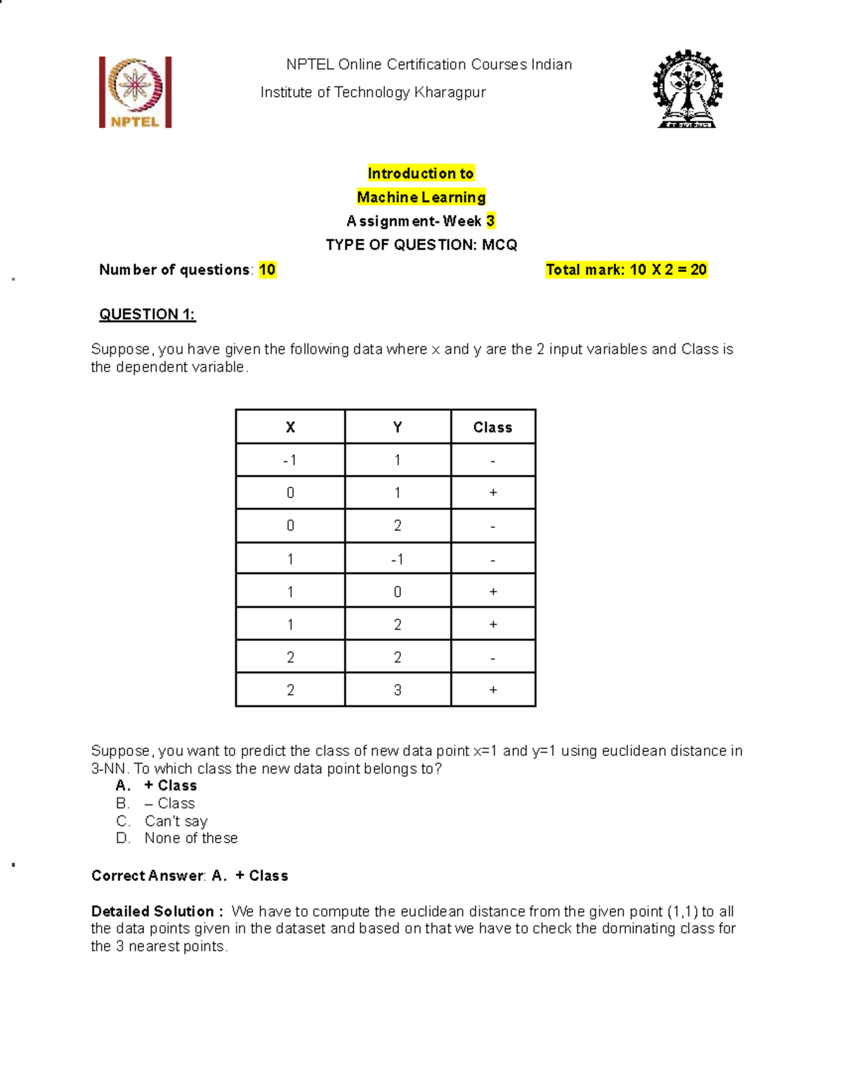 NPTEL IIT Kharagpur ML Course Week 3 Assignment Answers - Studocu