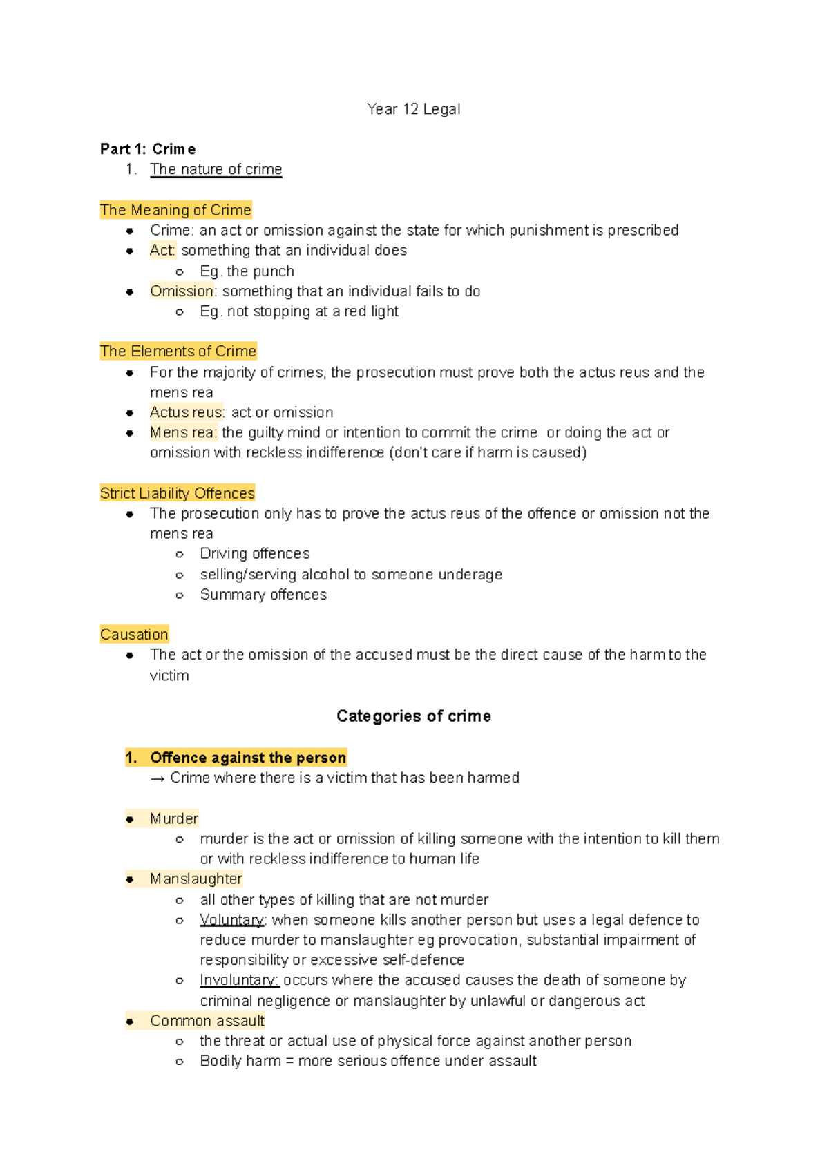 Year 12 Legal: Crime Notes on Nature, Elements, and Defences - Studocu