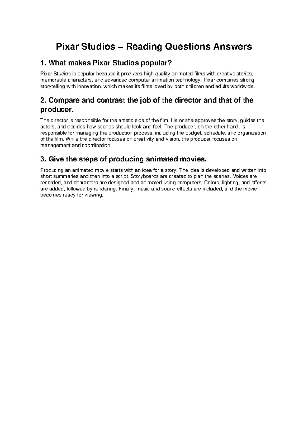 Pixar Studios - Reading Questions & Answers on Animation - Studocu