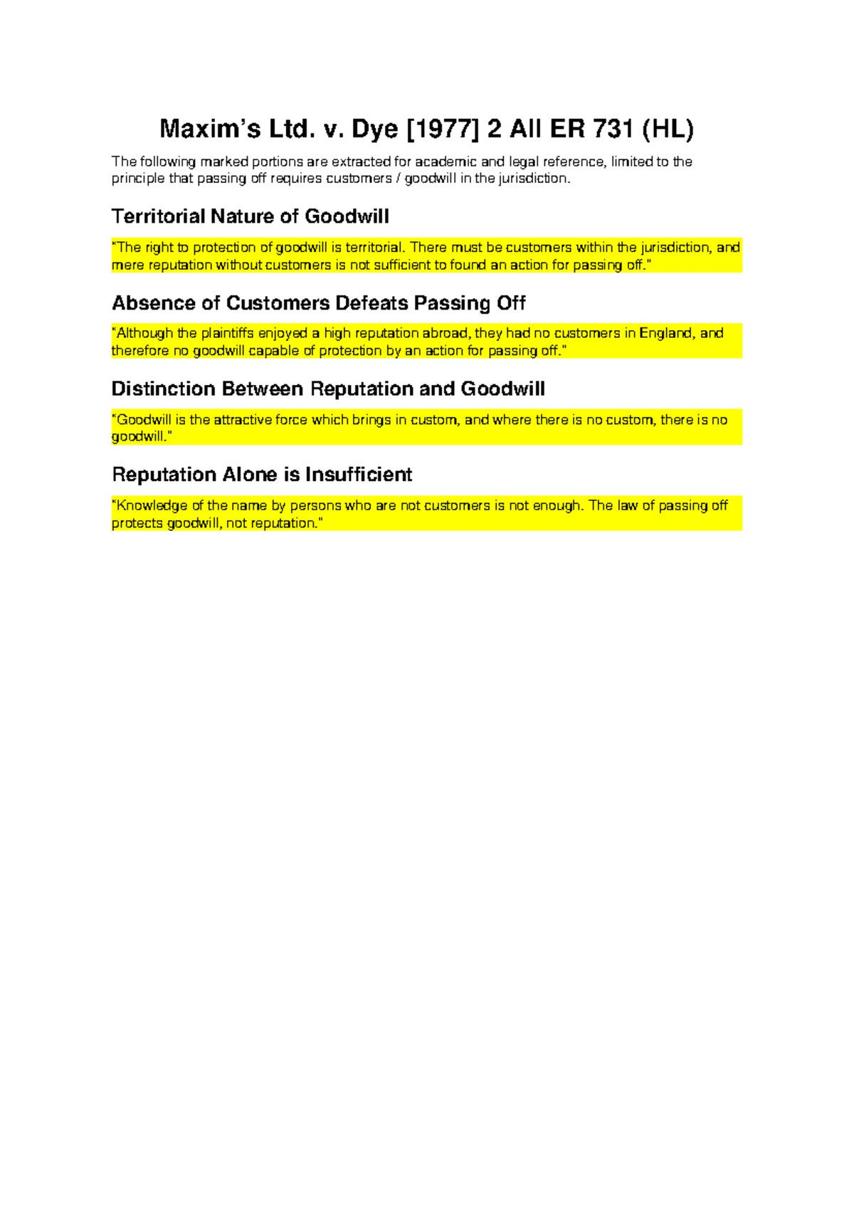 Maxims Ltd v. Dye: Passing Off Principles & Goodwill Analysis - Studocu