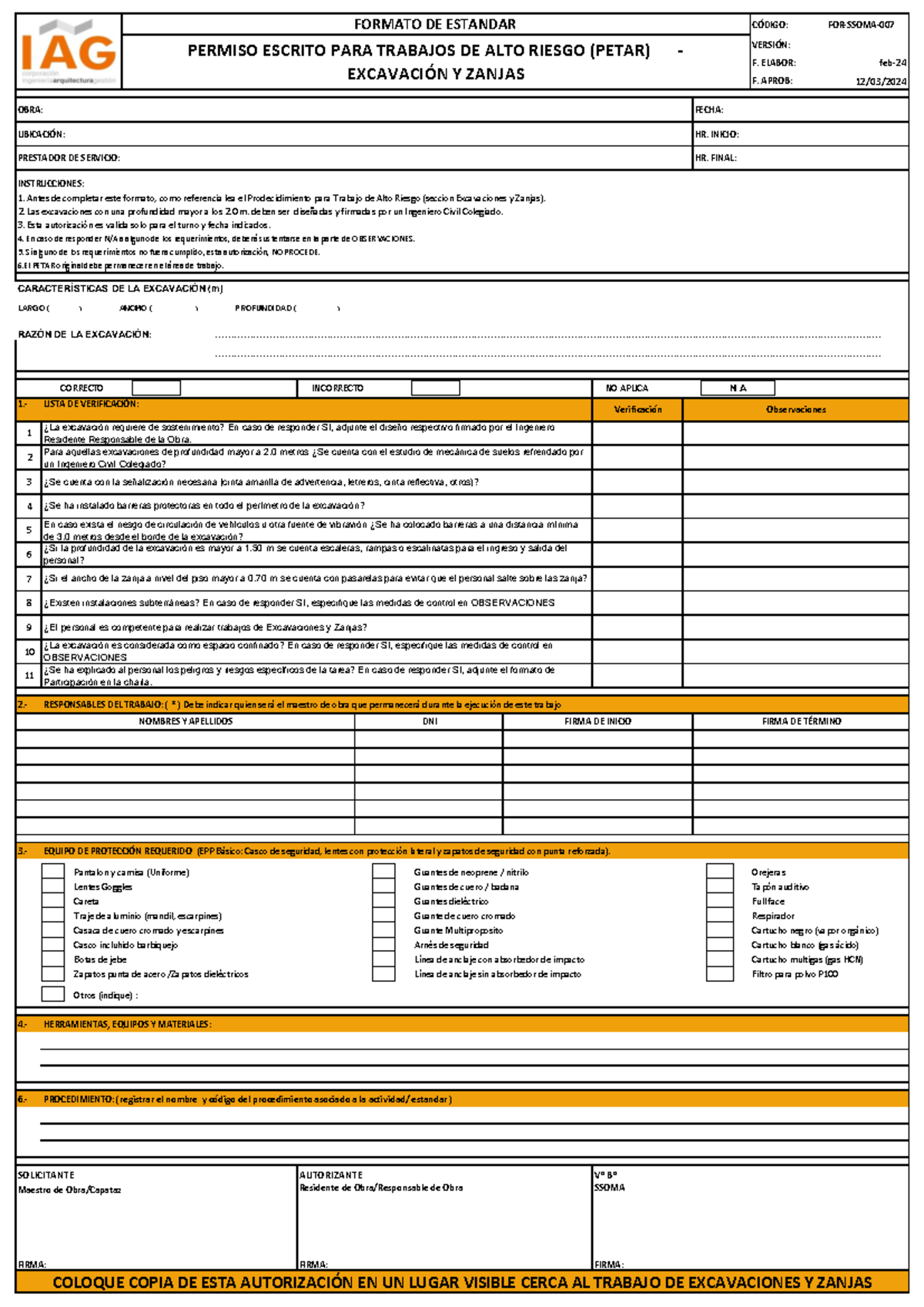 FO-SSOMA-007: Permiso Escrito para Trabajos de Alto Riesgo (PETAR) - - Studocu