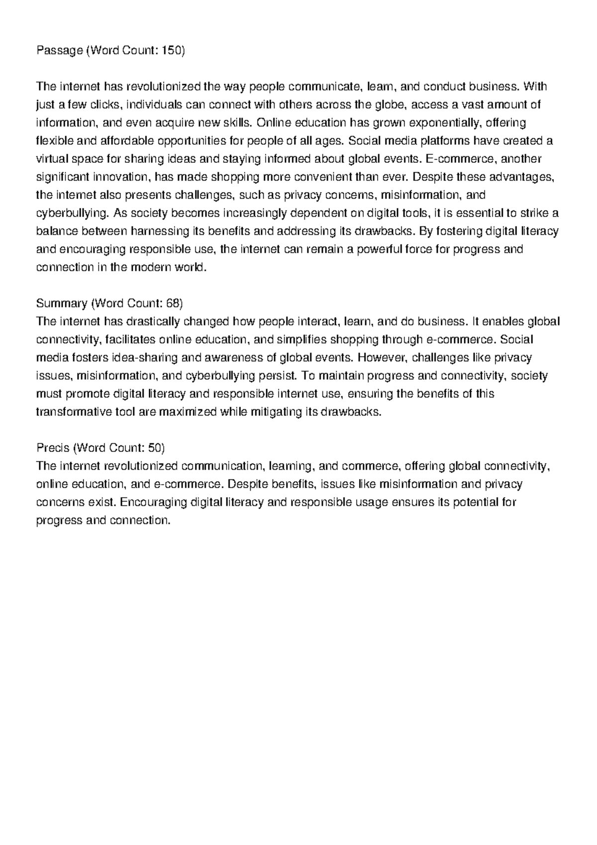 Summary and precis writing sample 2 - Passage (Word Count: 150) The ...