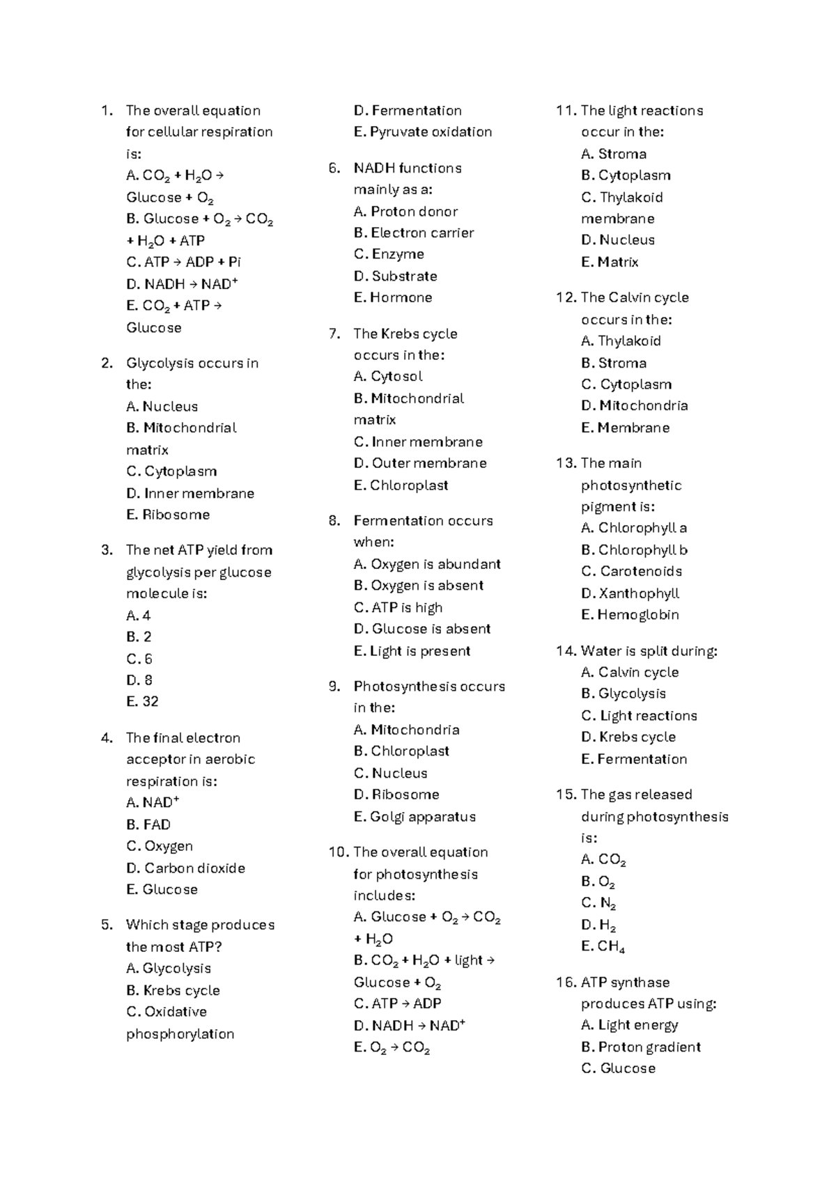 MC Cellular Respiration & Photosynthesis Study Guide - Studocu