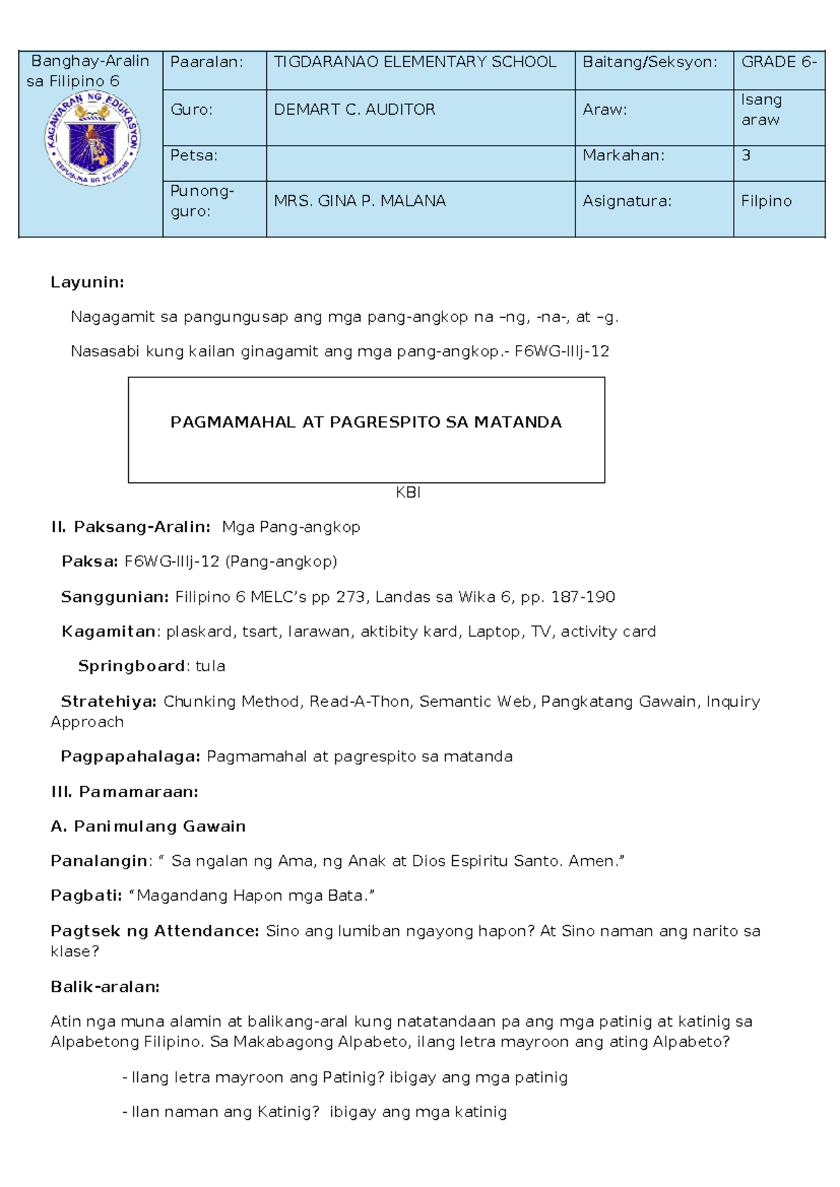 Banghay-Aralin sa Filipino 6: Pagsasanay sa Pang-angkop - 3rd Qtr COT ...