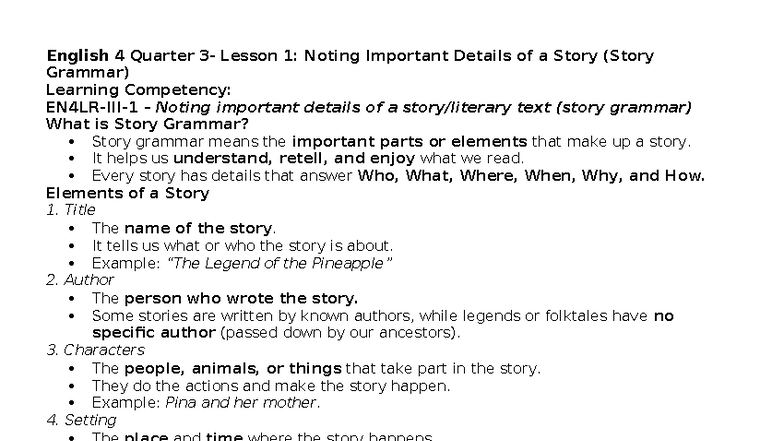 English 4 Quarter 3 Lesson 1: Understanding Story Grammar and Elements ...