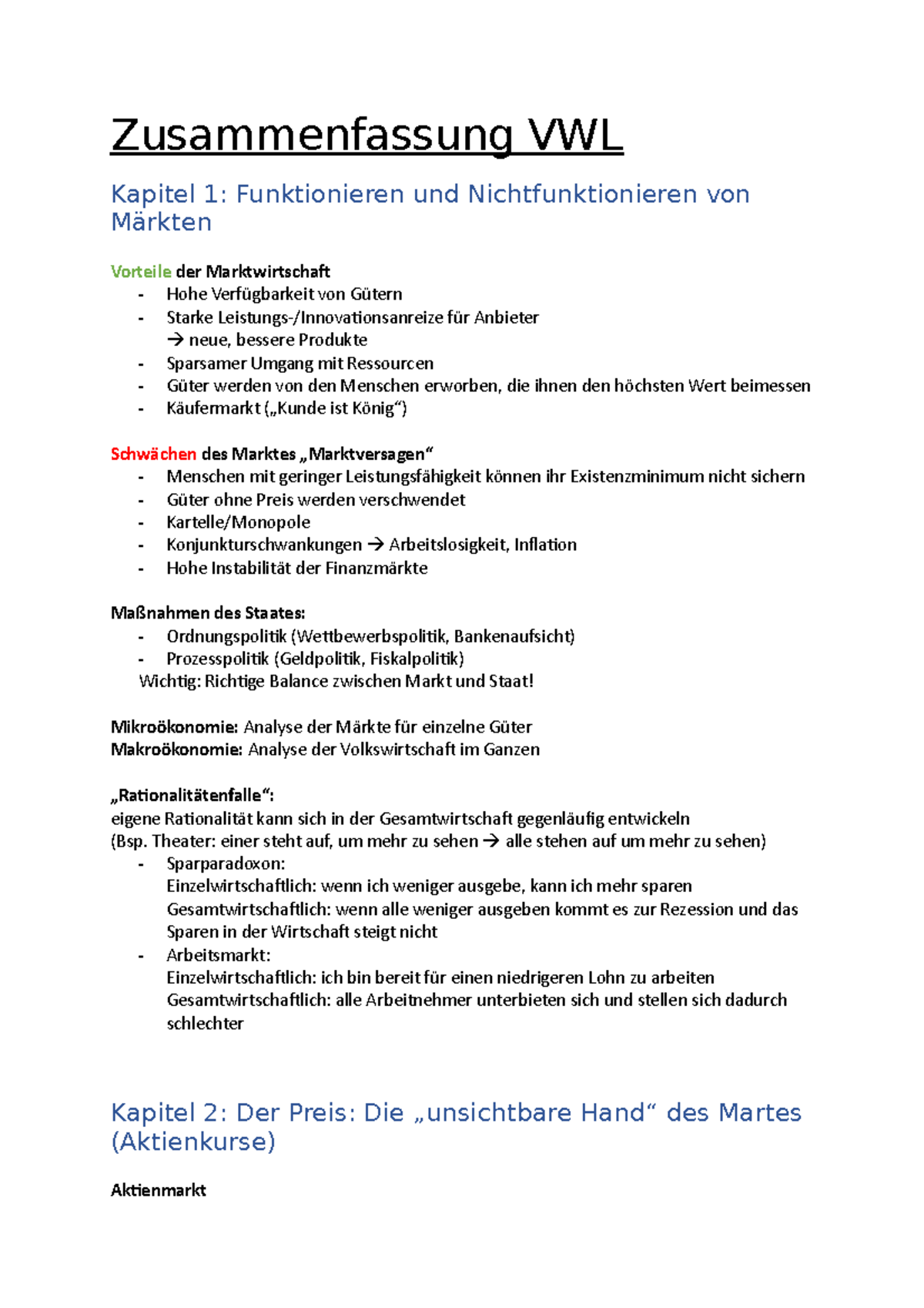 Zusammenfassung VWL - Volkswirtschaftslehre Grundkurs - Zusammenfassung ...