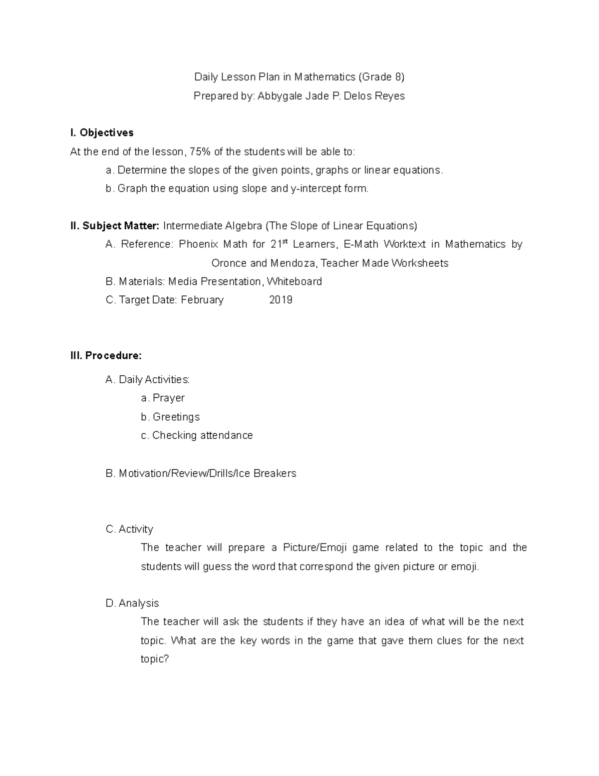 Lesson Plan - Intermediate Algebra: Understanding Slope Concepts - Studocu