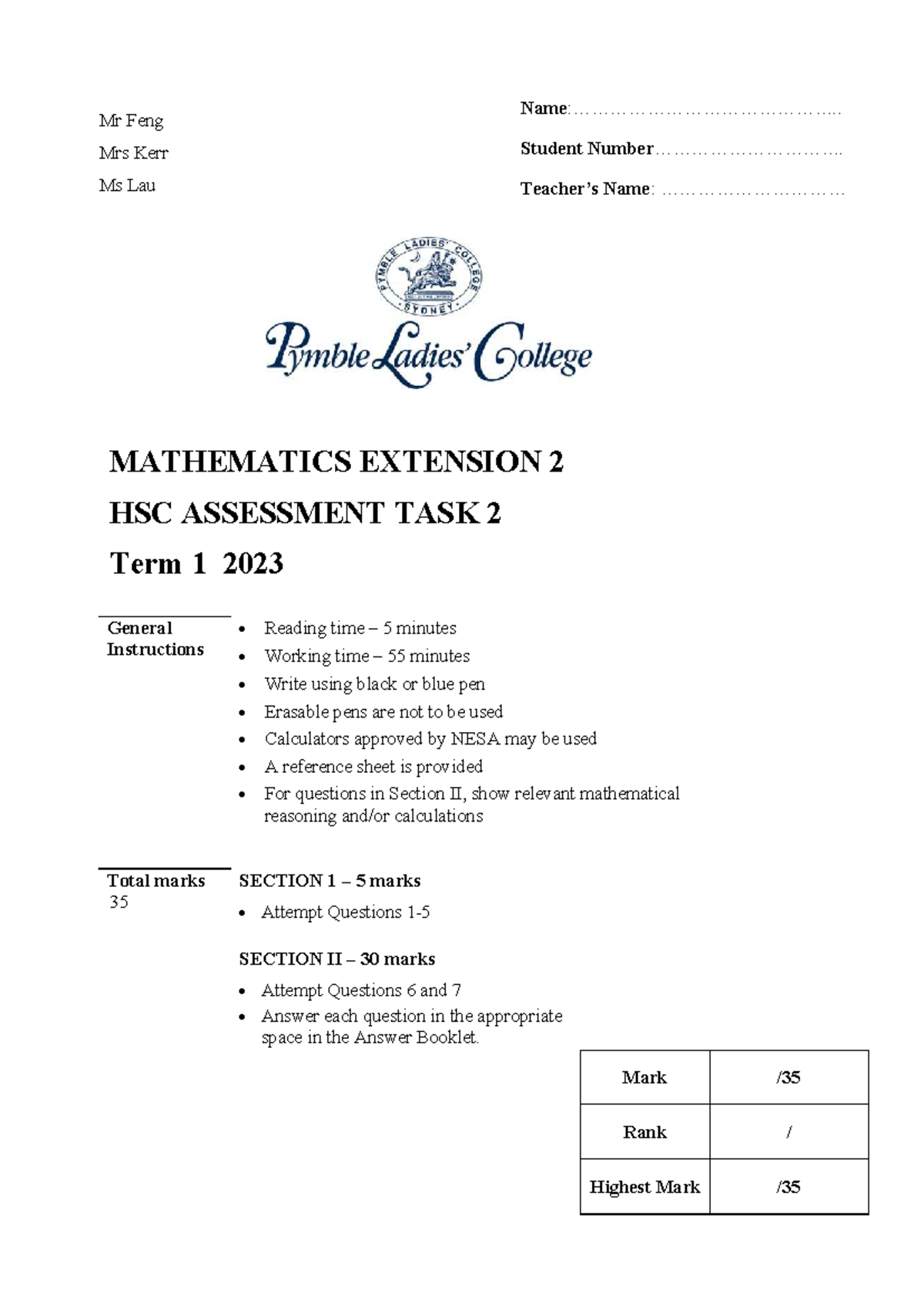 MATHEMATICS EXTENSION 2 HSC ASSESSMENT TASK 2 Term 1 2023 - Studocu