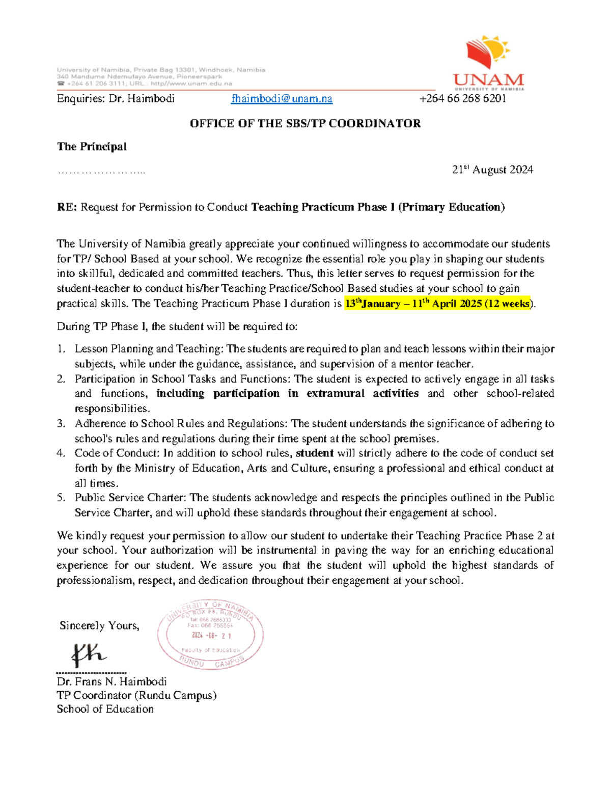 Letter to Principal - Request for Teaching Practicum I - 2025 (Primary ...