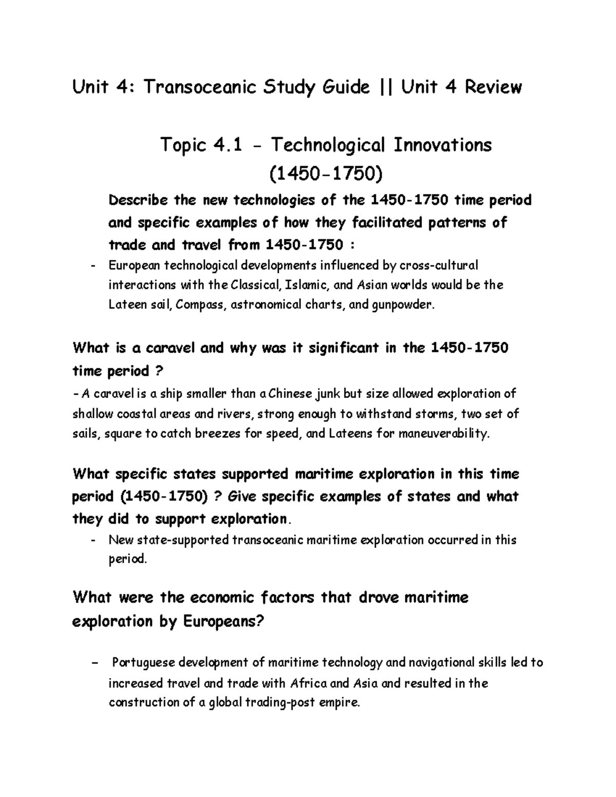 Unit 4 Transoceanic Study Guide Unit 4 Review - Unit 4: Transoceanic ...