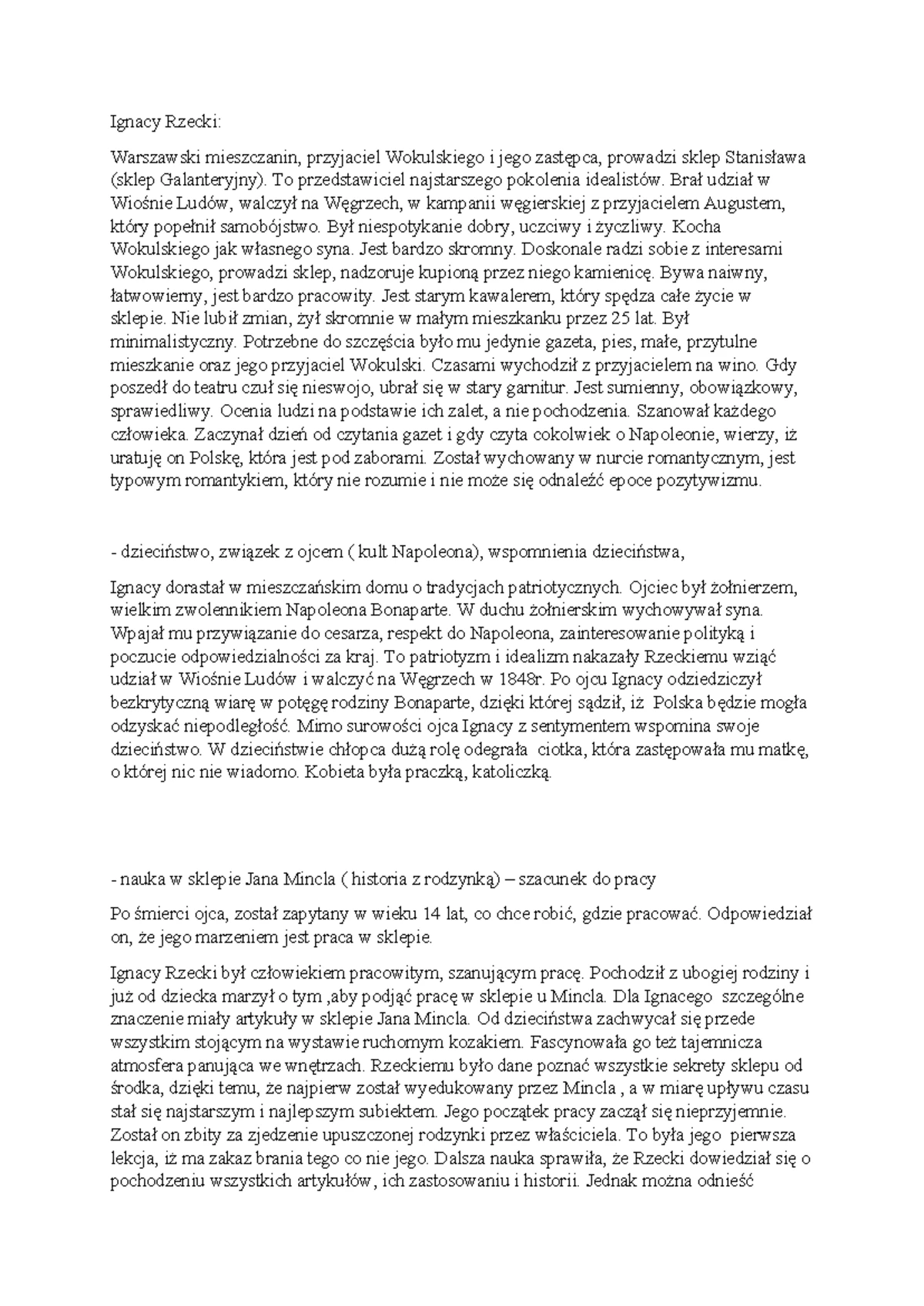 Ignacy Rzecki w 'Lalce': Charakterystyka i analiza postaci - Studocu