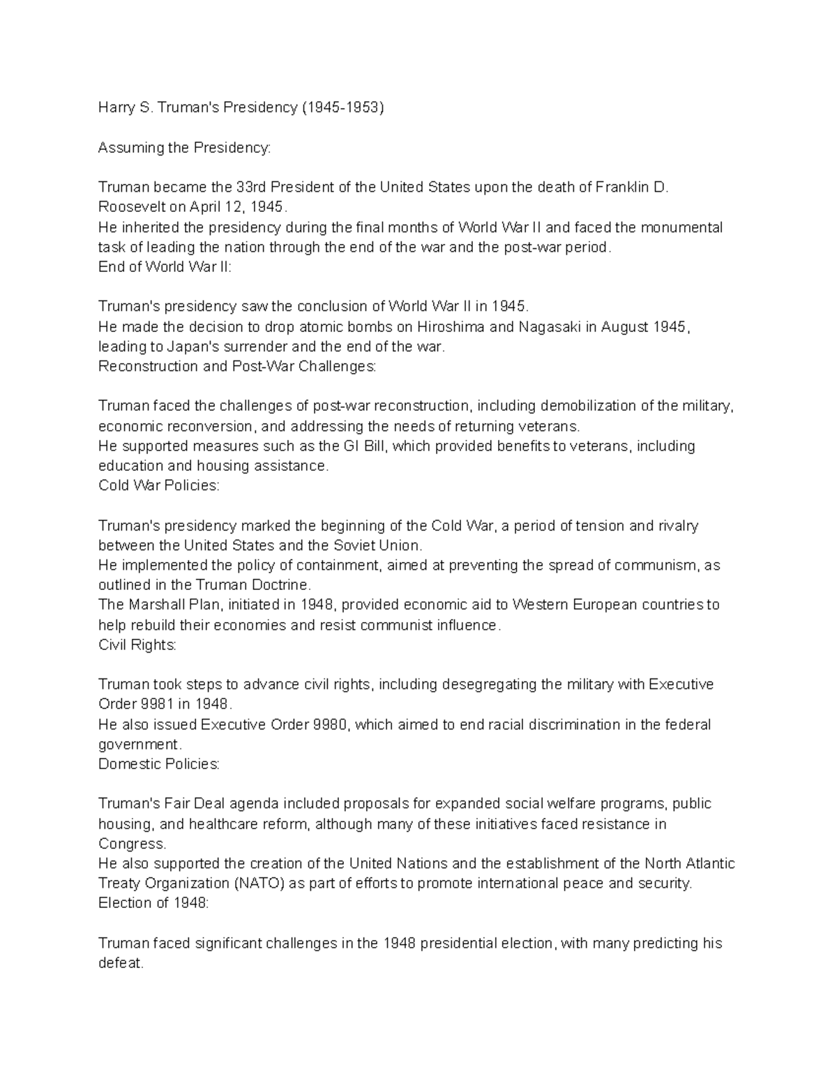 HIST 201: Notes on the Presidency of Harry S. Truman (1945-1953) - Studocu