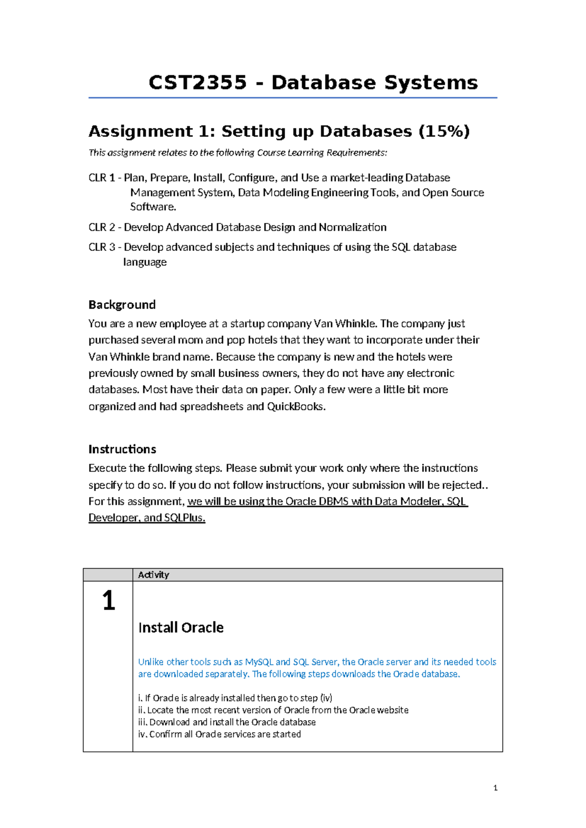 CST2355 - Assignment 1: Setting Up Databases for Van Whinkle Brand - Studocu