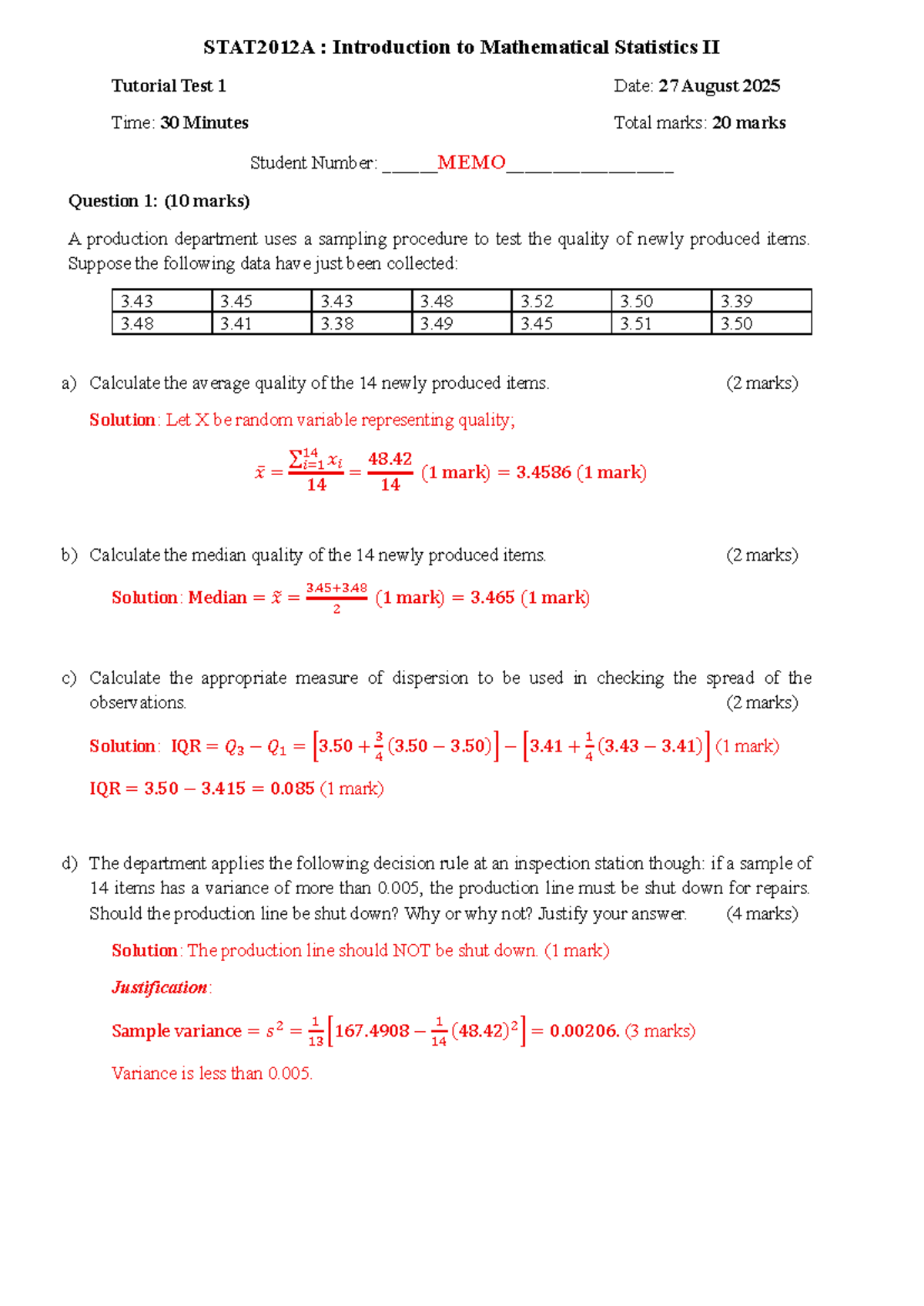 STAT2012A: Mathematical Statistics II Tutorial Test 1 Memo - 2025 - Studocu