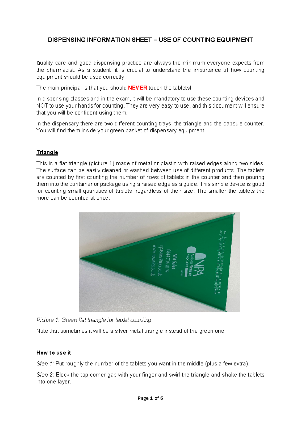 Use of Counting Equipment - DISPENSING INFORMATION SHEET – USE OF ...